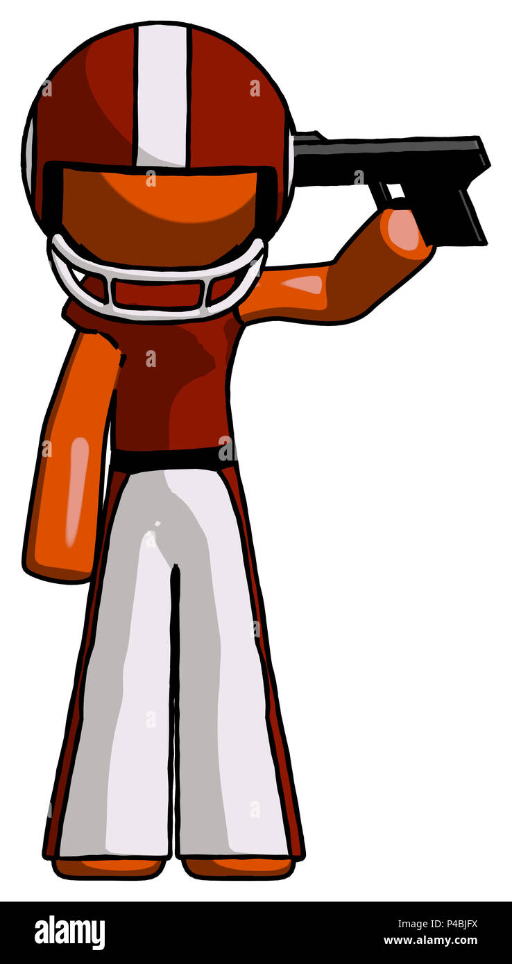 Orange football player man suicide gun pose Stock Photo - Alamy