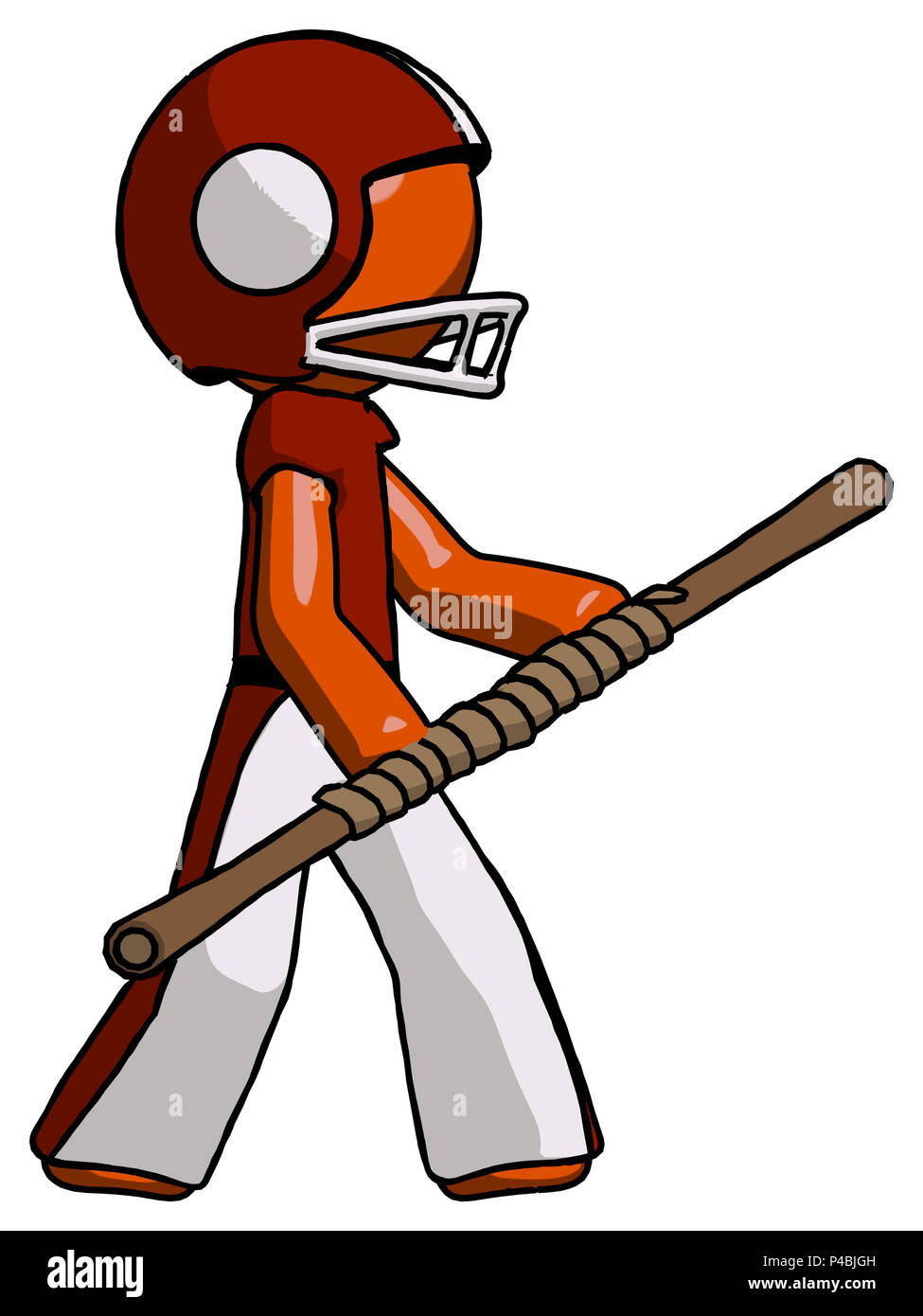 Orange football player man holding bo staff in sideways defense pose ...
