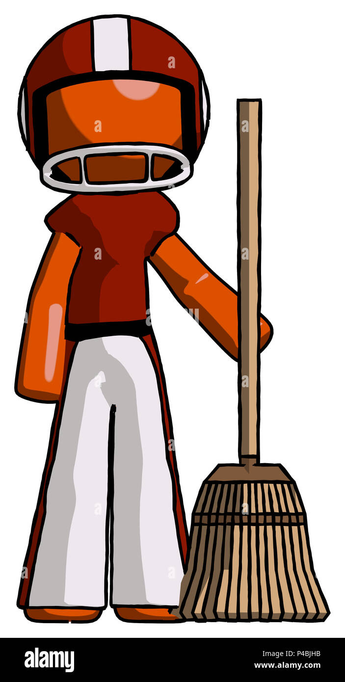 Orange football player man standing with broom cleaning services Stock ...