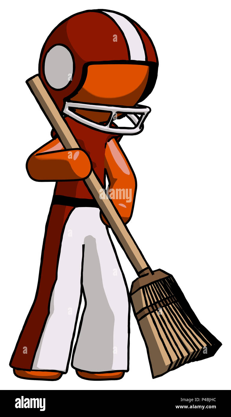 Orange football player man sweeping area with broom Stock Photo - Alamy