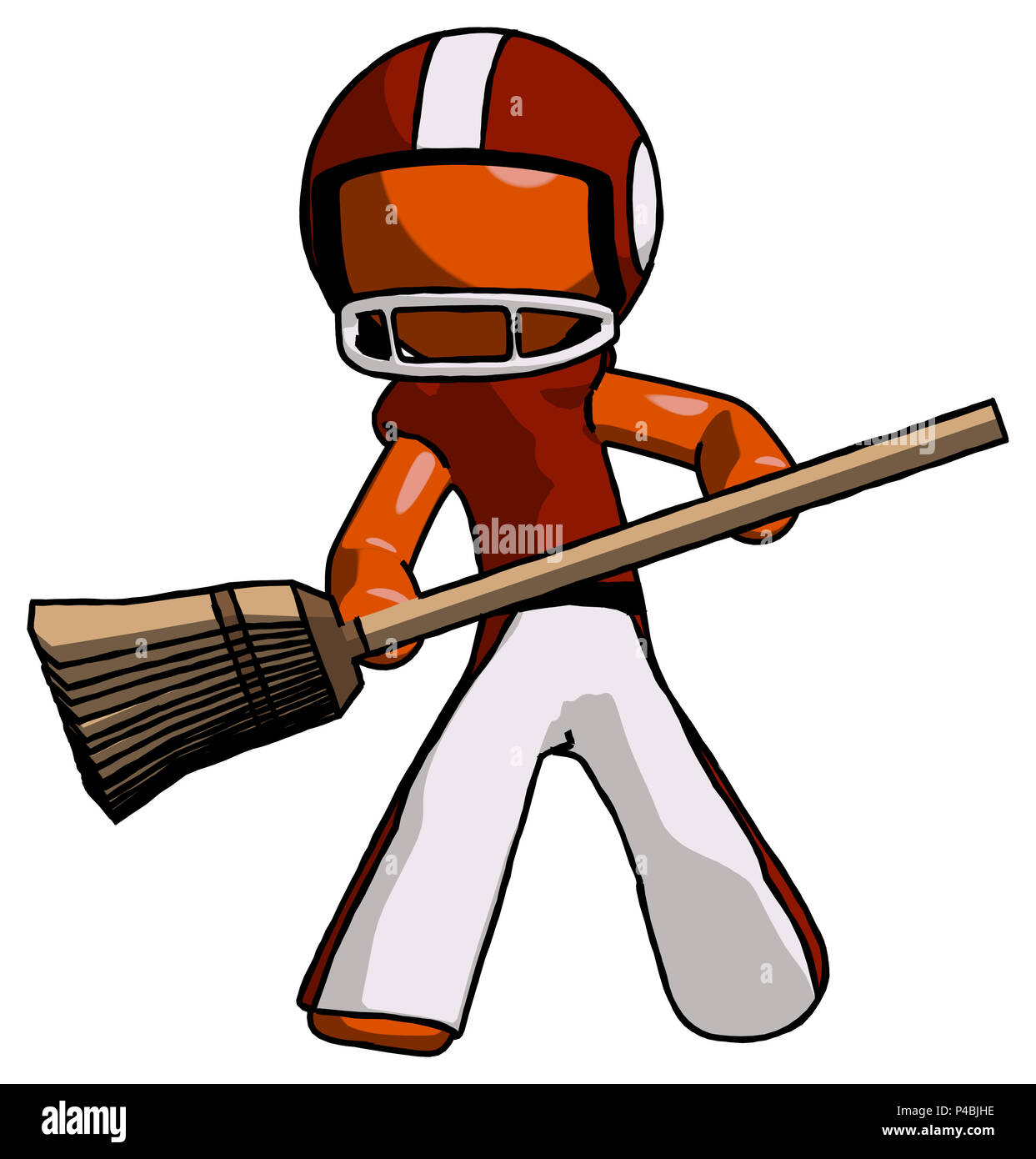 Orange football player man broom fighter defense pose Stock Photo - Alamy