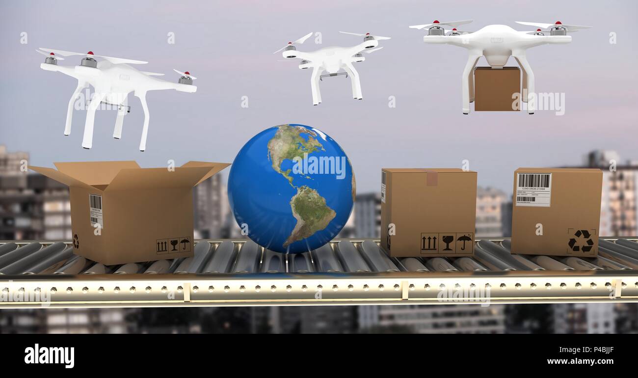Drones delivering parcel boxes from conveyor belt over city Stock Photo ...