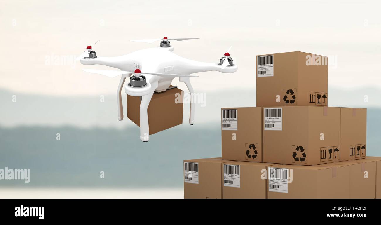 Drone flying by sky with delivery parcel boxes Stock Photo - Alamy