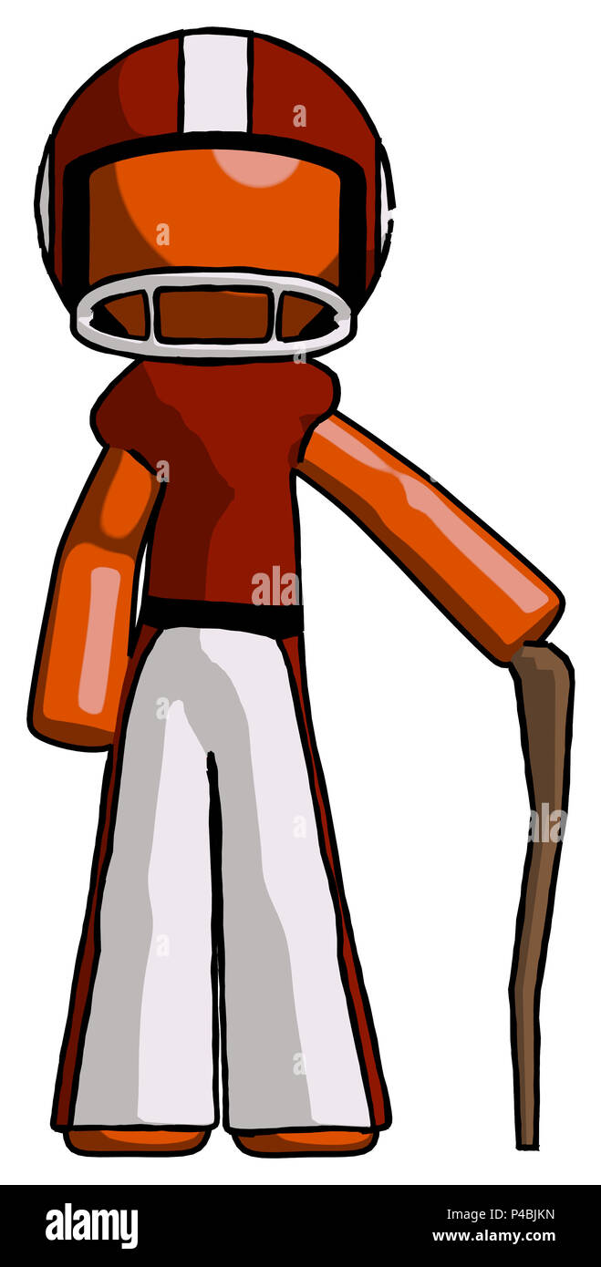 Orange football player man standing with hiking stick Stock Photo - Alamy