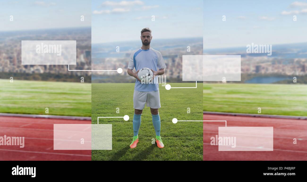Blank infographic panels and Soccer player on grass with city Stock ...