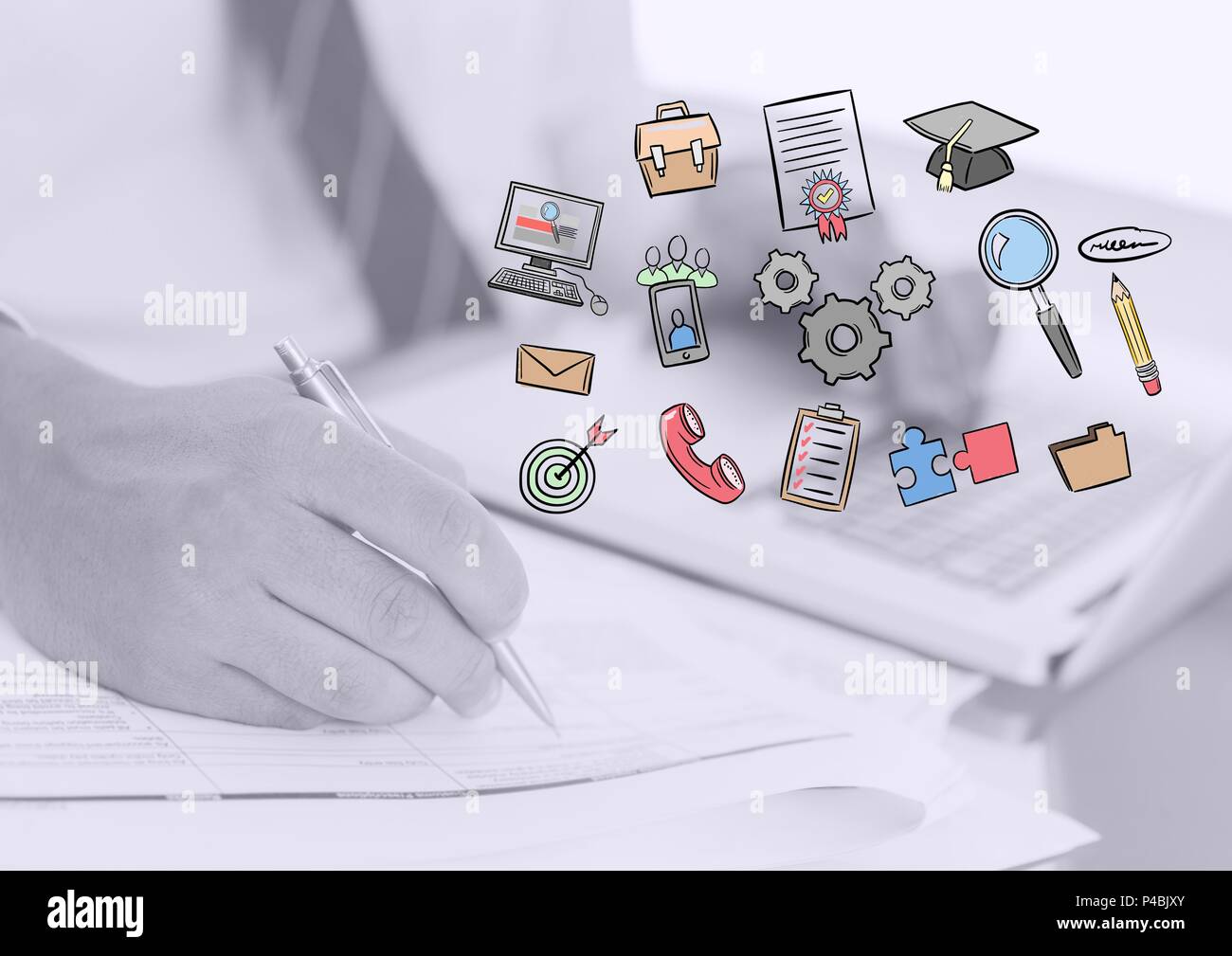 Composed image of work illustrations on man writing background Stock ...