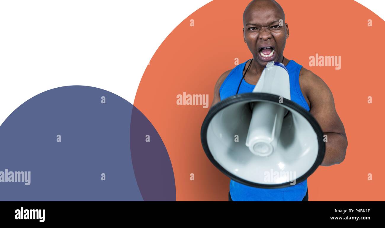 Trainer screaming with megaphone on orange and purple background Stock ...