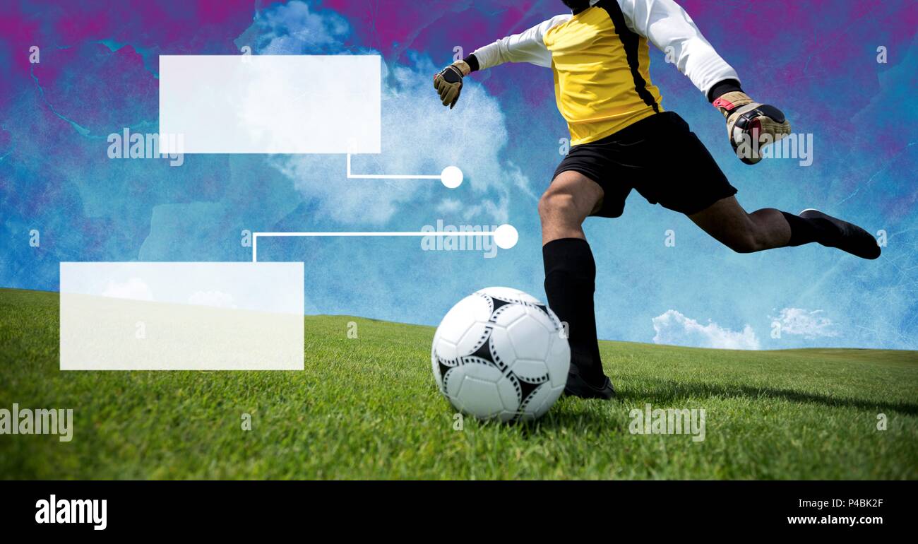 Blank infographic panels and Goalkeeper kicking soccer ball on grass ...