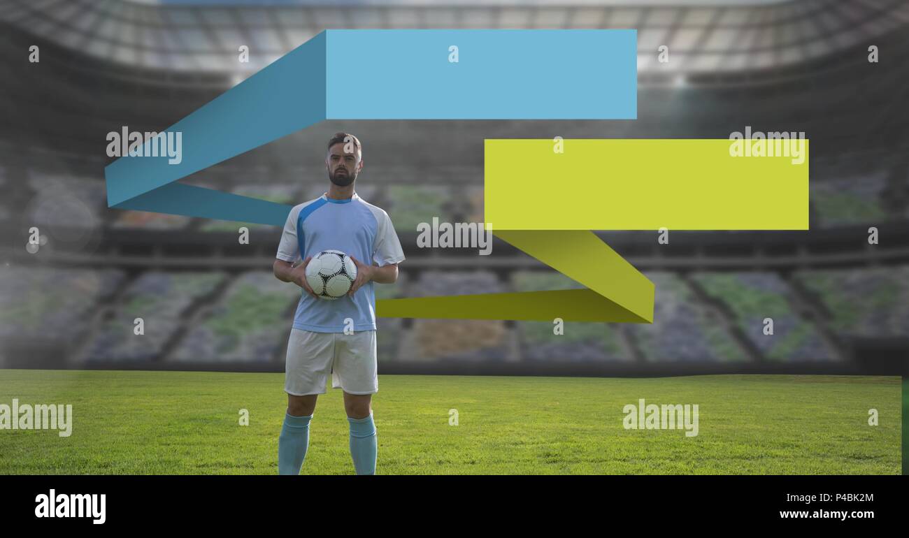 Blank infographic panels and Soccer player holding football in stadium ...