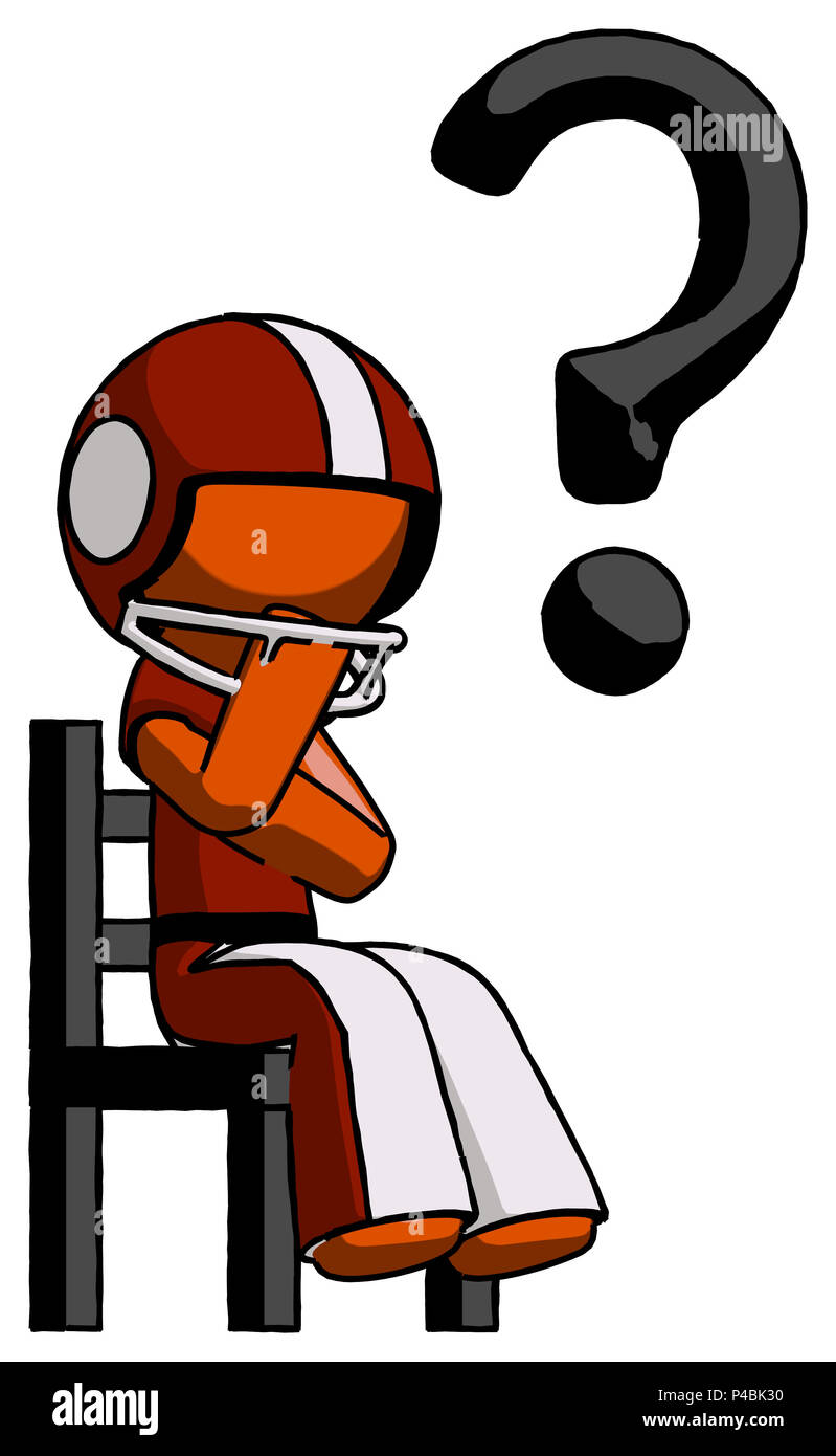 Orange football player man question mark concept, sitting on chair ...