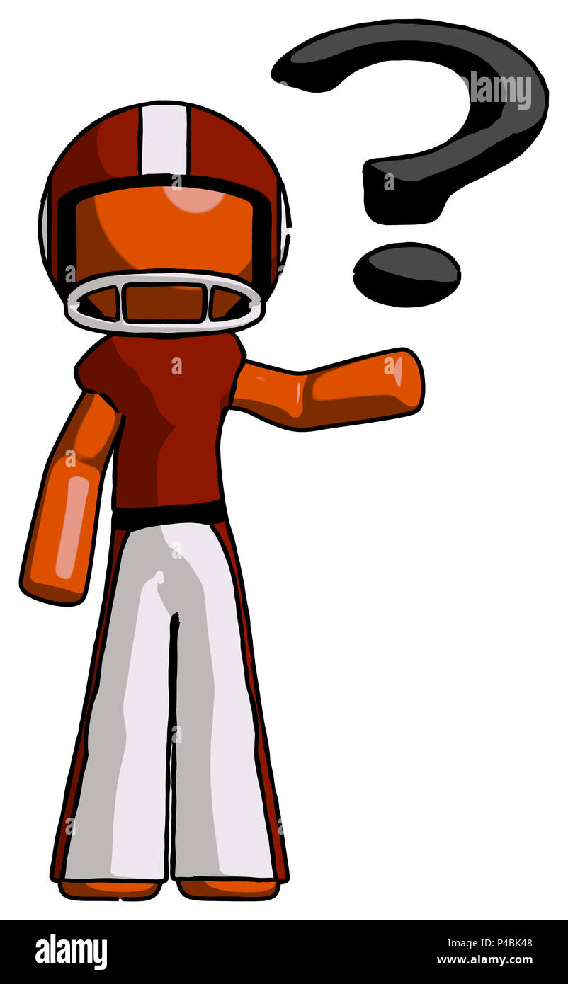 Orange football player man holding question mark to right Stock Photo ...