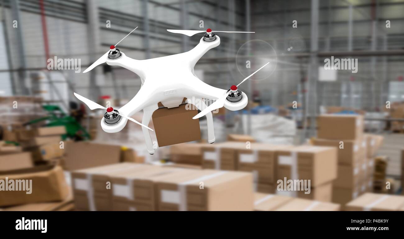 Drone flying by warehouse with delivery parcel boxes Stock Photo - Alamy