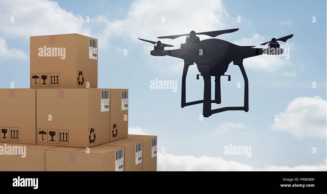 Drone flying by sky with delivery parcel boxes Stock Photo - Alamy