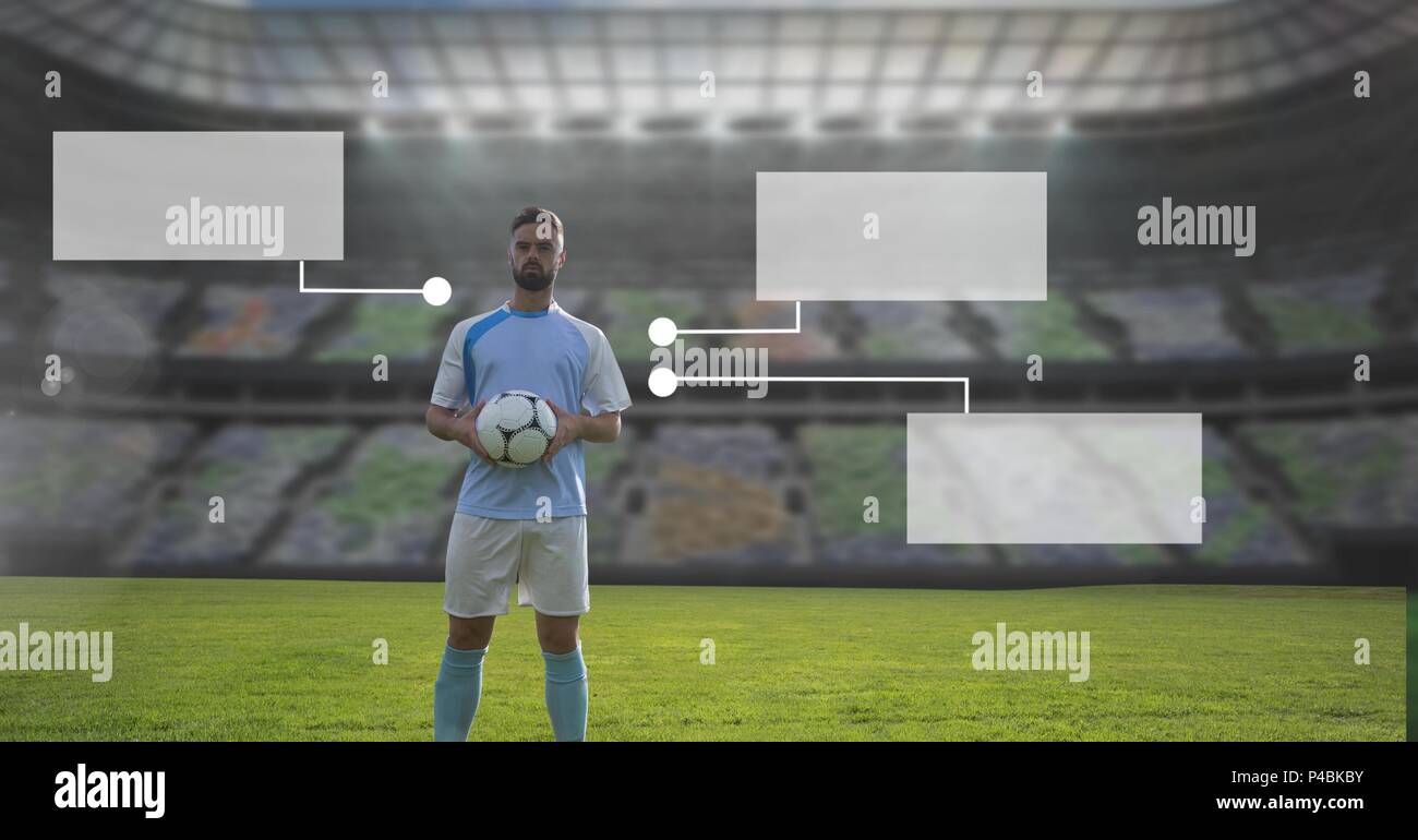 Blank infographic panels and Soccer player holding football in stadium ...
