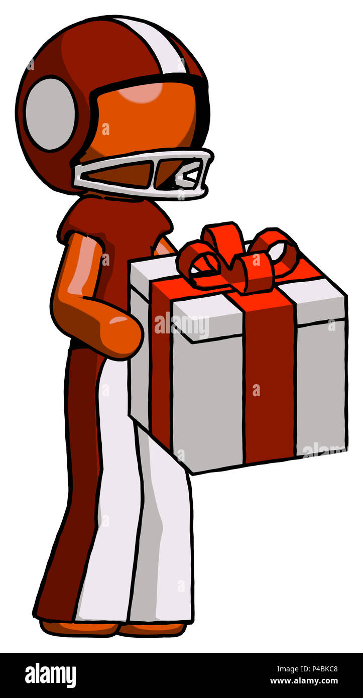 Orange football player man giving a present Stock Photo - Alamy