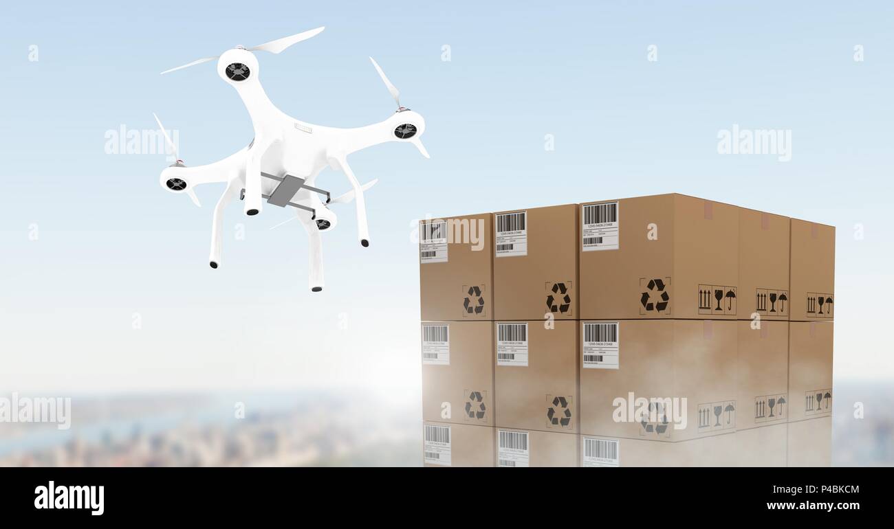 Drone flying by city with delivery parcel boxes Stock Photo - Alamy