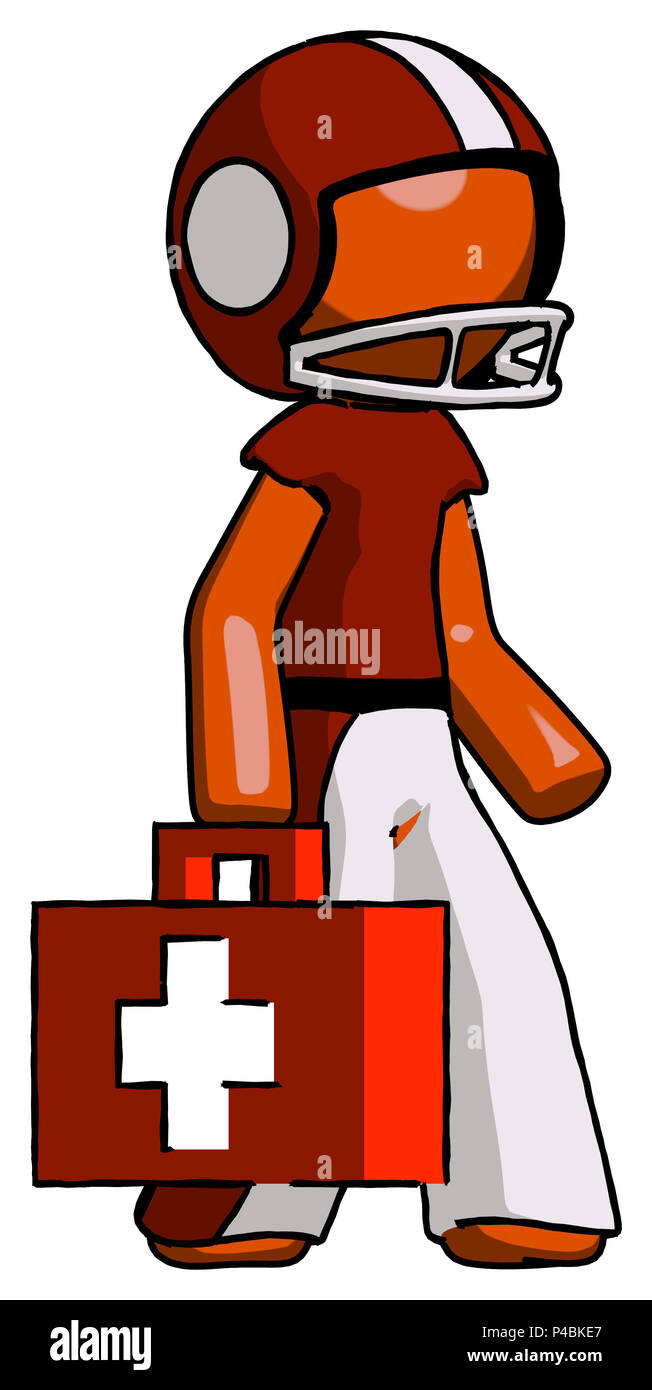 Orange football player man walking with medical aid briefcase to right ...