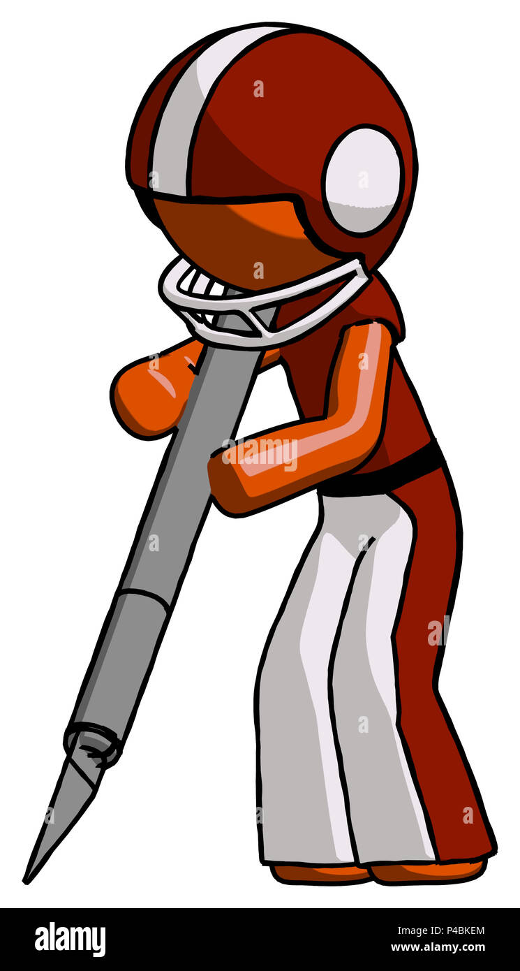 Orange football player man cutting with large scalpel Stock Photo - Alamy