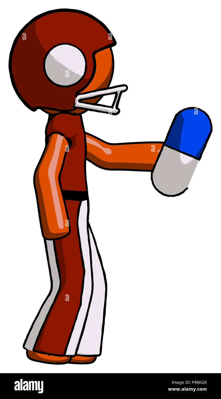 Orange football player man holding blue pill walking to right Stock ...