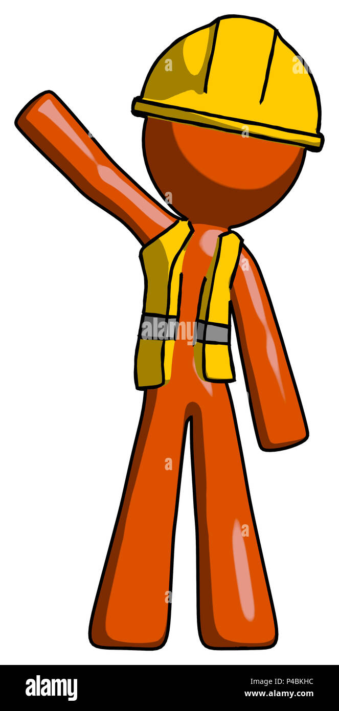 Orange construction worker contractor man waving emphatically with ...