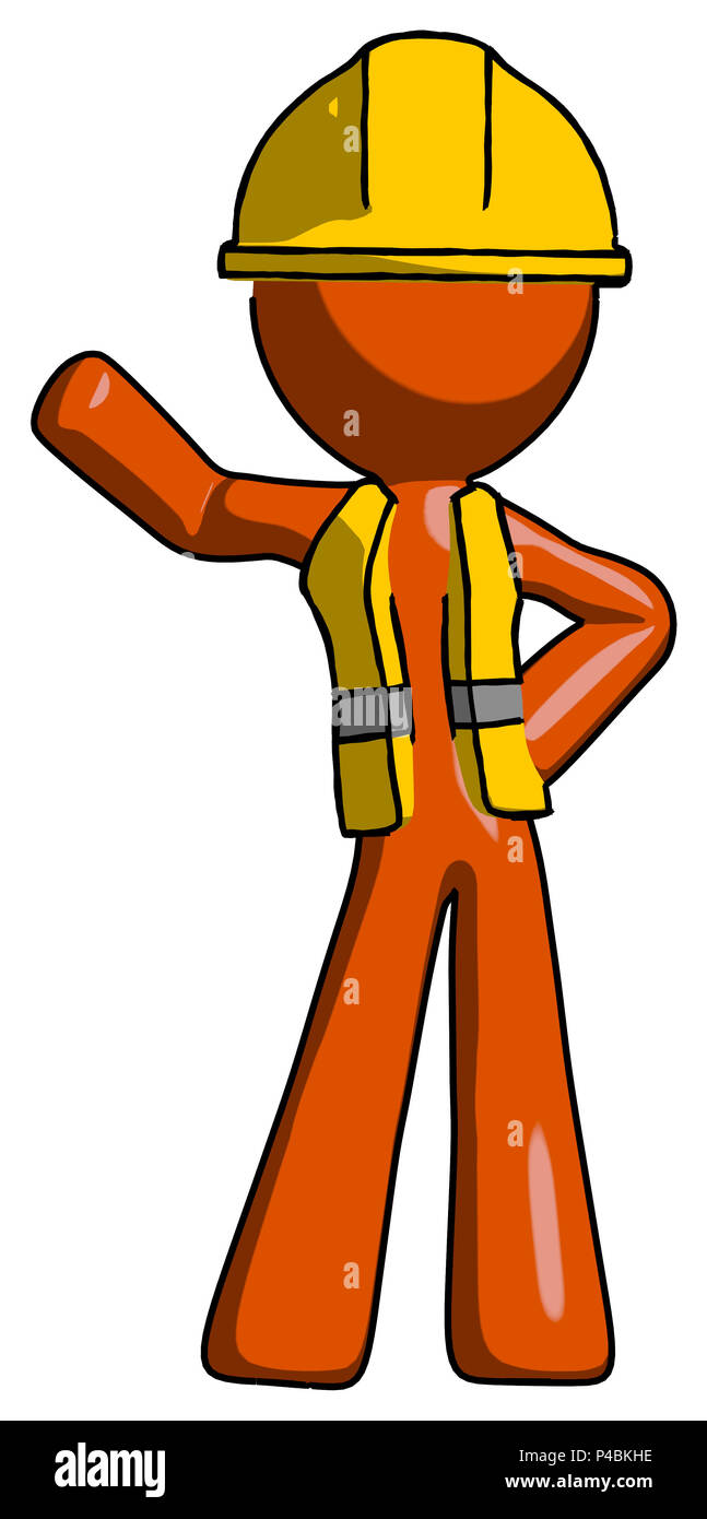 Orange construction worker contractor man waving right arm with hand on ...