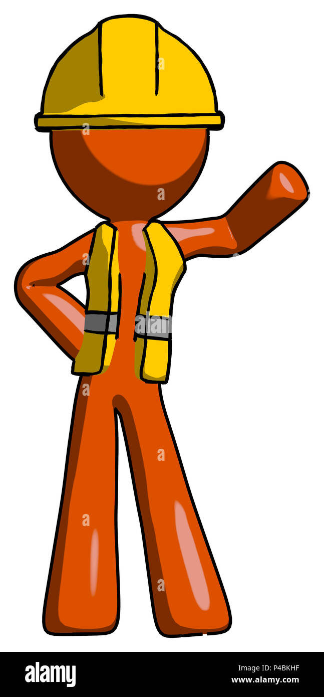 Orange construction worker contractor man waving left arm with hand on ...