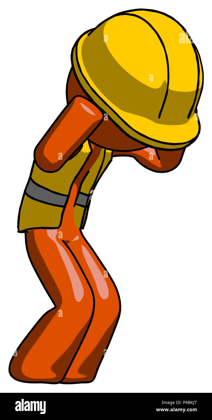 Orange construction worker contractor man with a headache or covering ...
