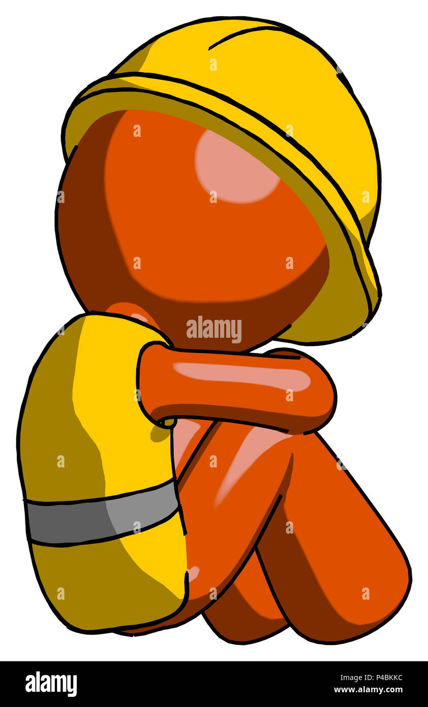 Orange construction worker contractor man sitting with head down back ...