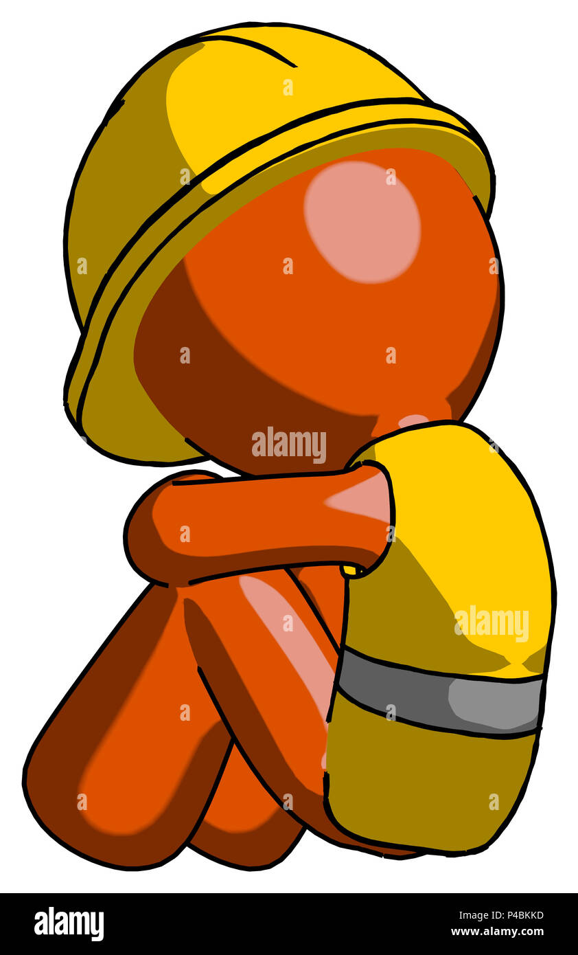 Orange construction worker contractor man sitting with head down back ...