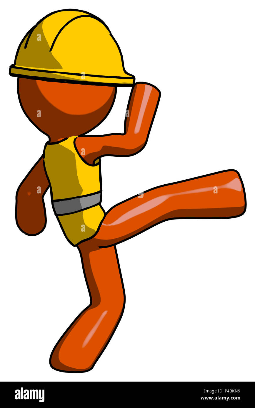 Orange construction worker contractor man kick pose Stock Photo - Alamy