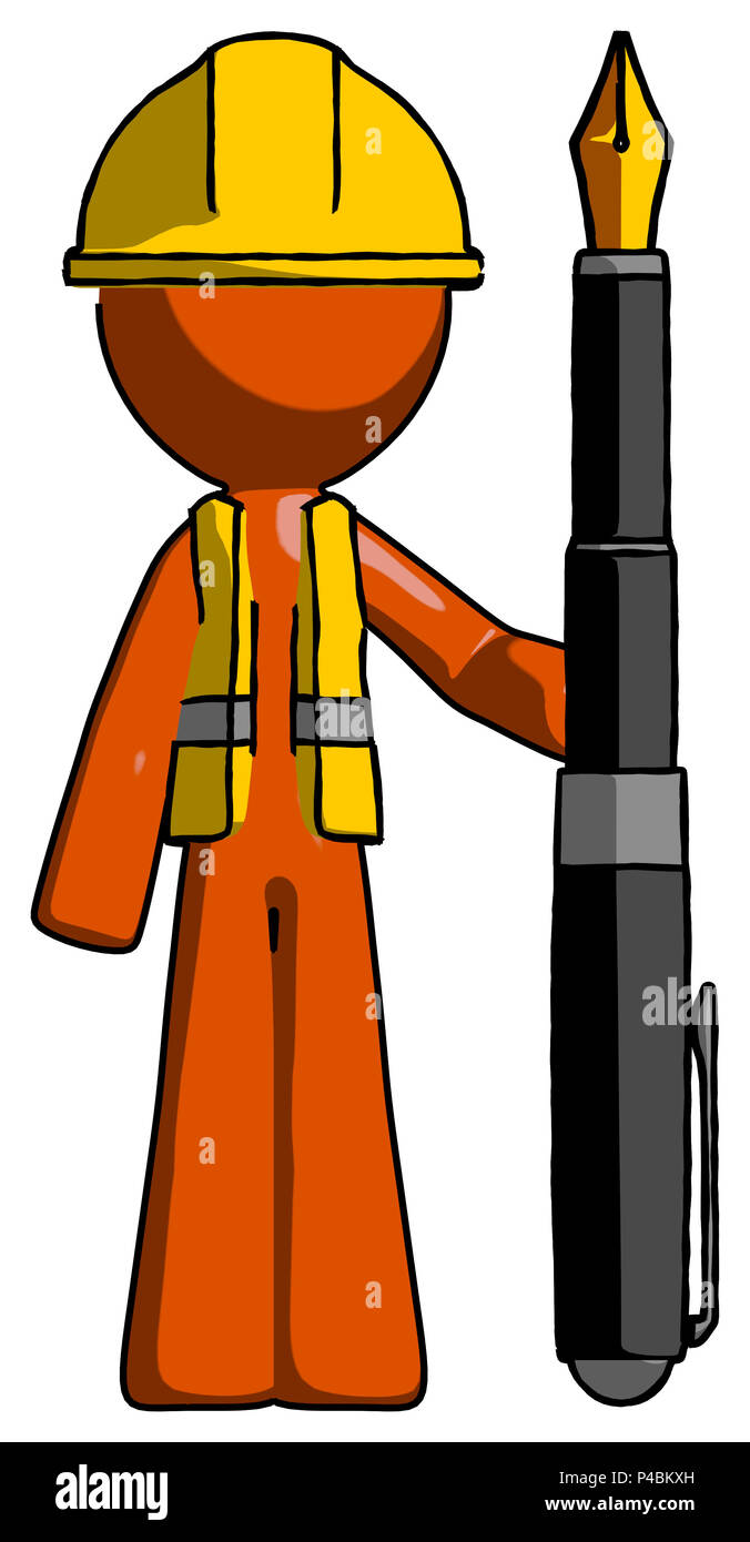 Orange construction worker contractor man holding giant calligraphy pen ...