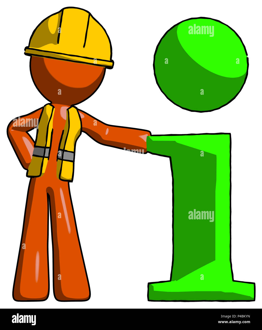 Orange construction worker contractor man with info symbol leaning up ...