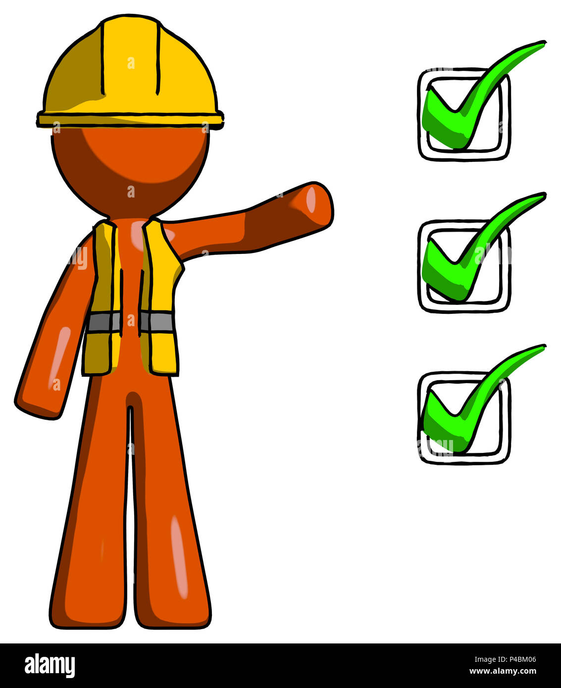 Orange construction worker contractor man arm pointing to list of ...
