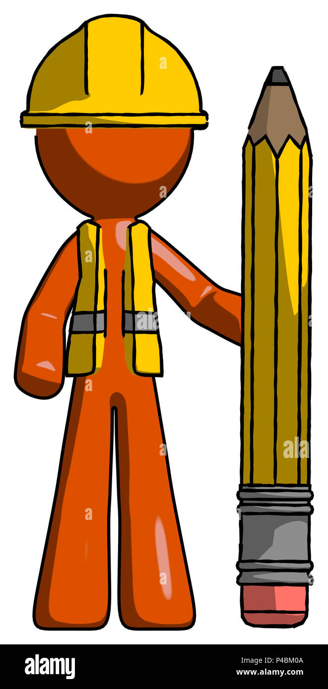 Orange construction worker contractor man with large pencil standing ...