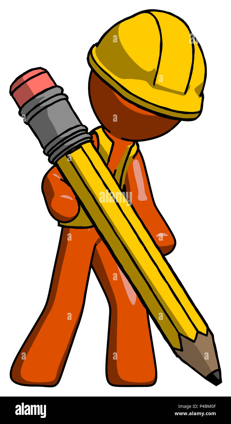 Orange construction worker contractor man writing with giant pencil ...