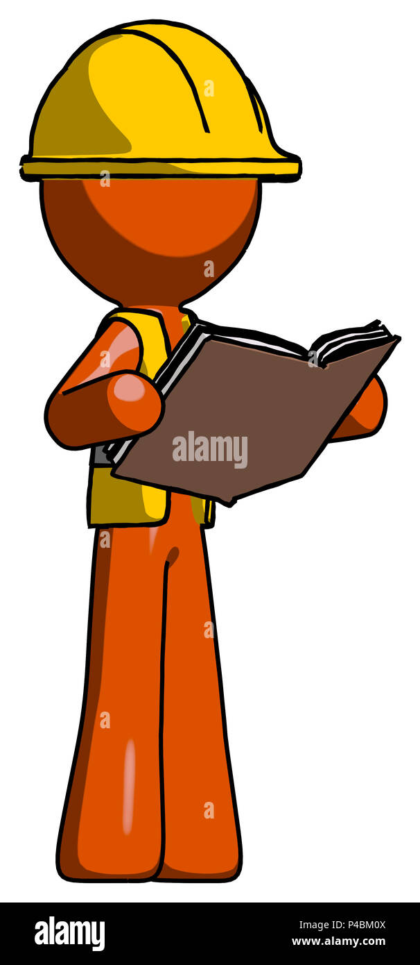 Orange construction worker contractor man reading book while standing ...