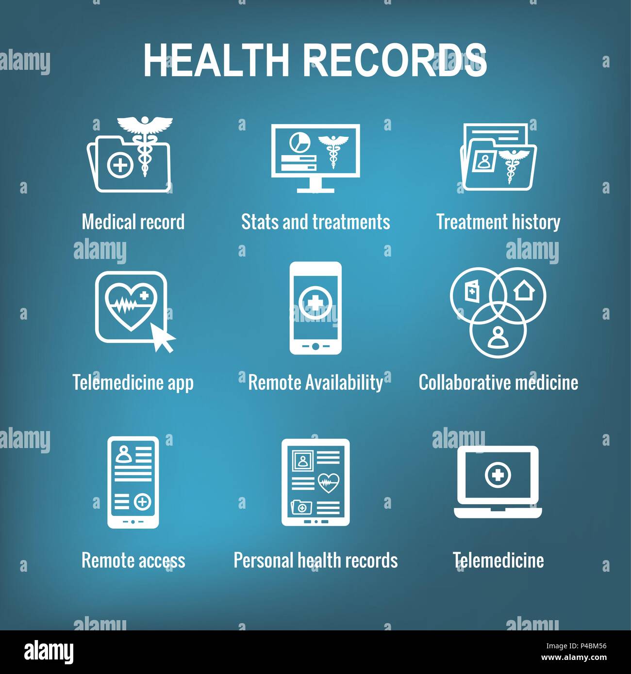 Telemedicine and Health Records Icon Set w Caduceus, file folders ...