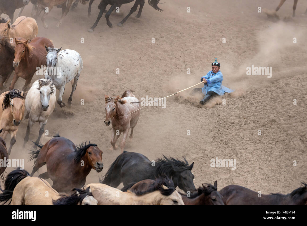 Horsemen dressed in traditional costume holds rope & pole urga or lasso ...