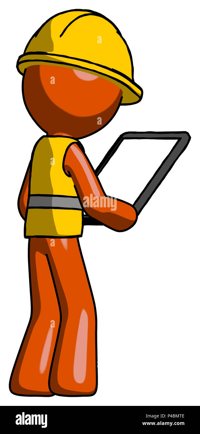 Orange construction worker contractor man looking at tablet device ...