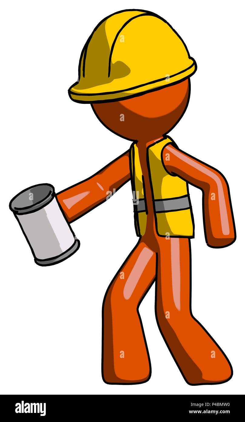 Orange construction worker contractor man begger holding can begging or ...