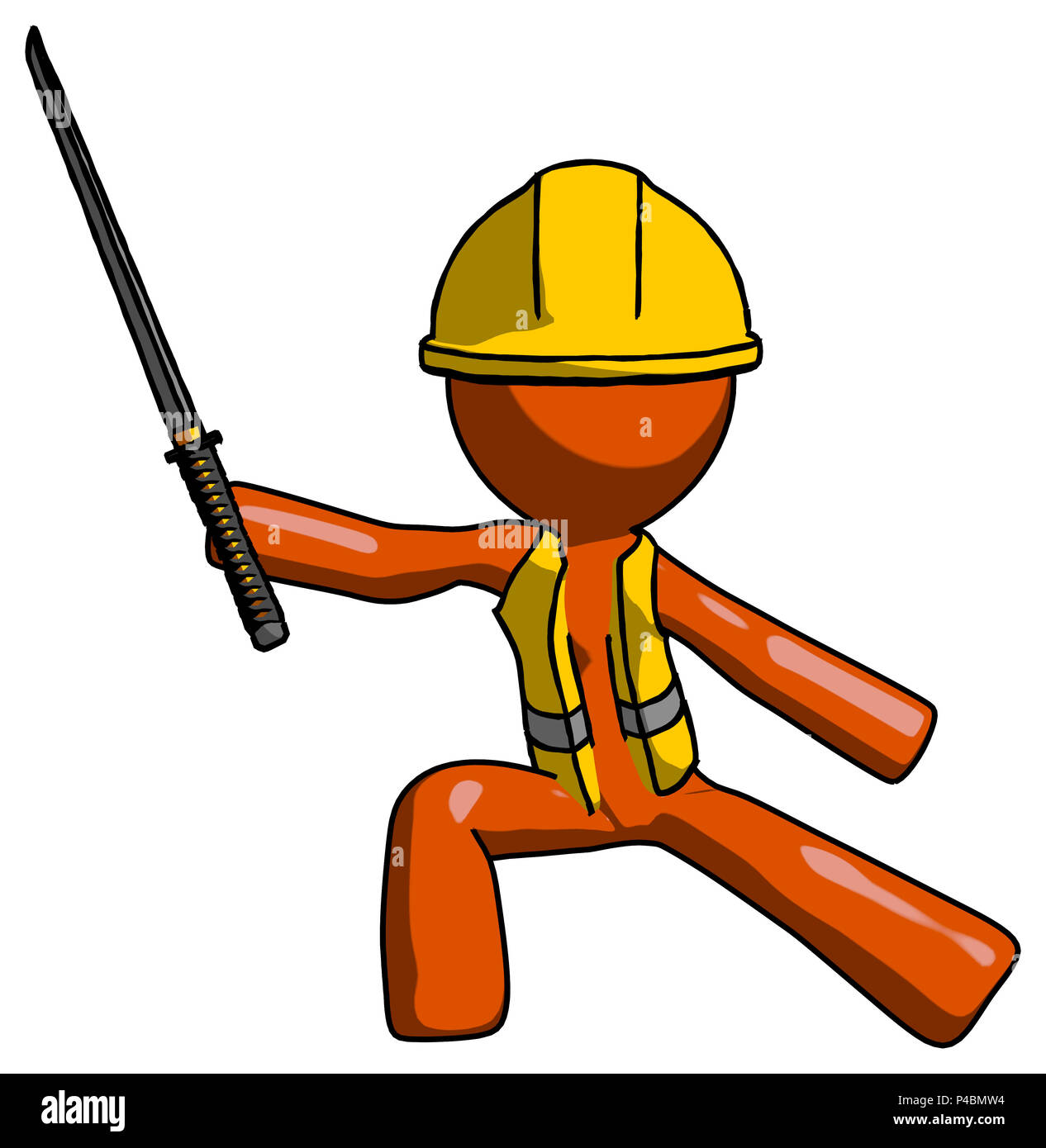 Orange construction worker contractor man with ninja sword katana in ...