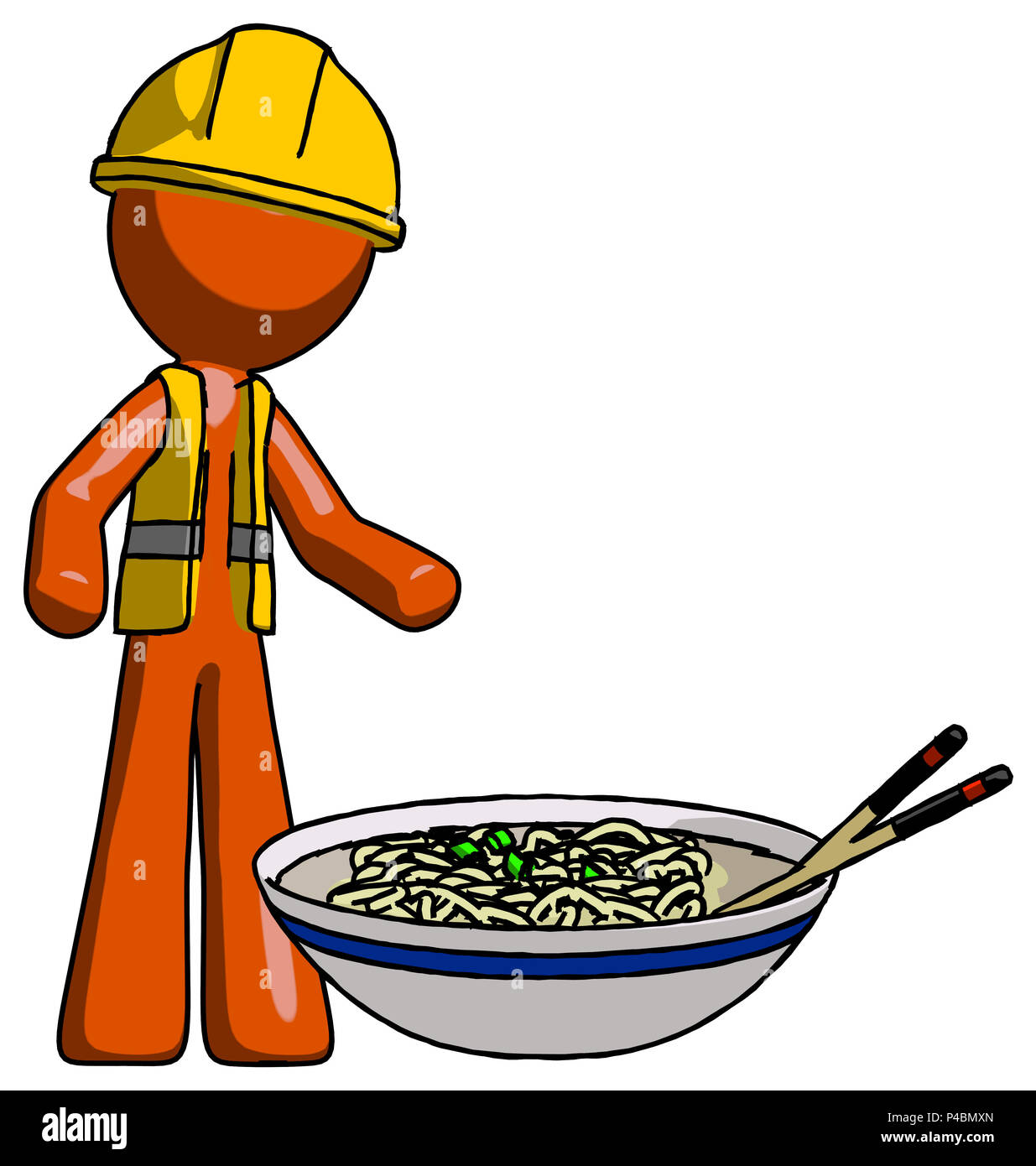Orange construction worker contractor man and noodle bowl, giant soup ...