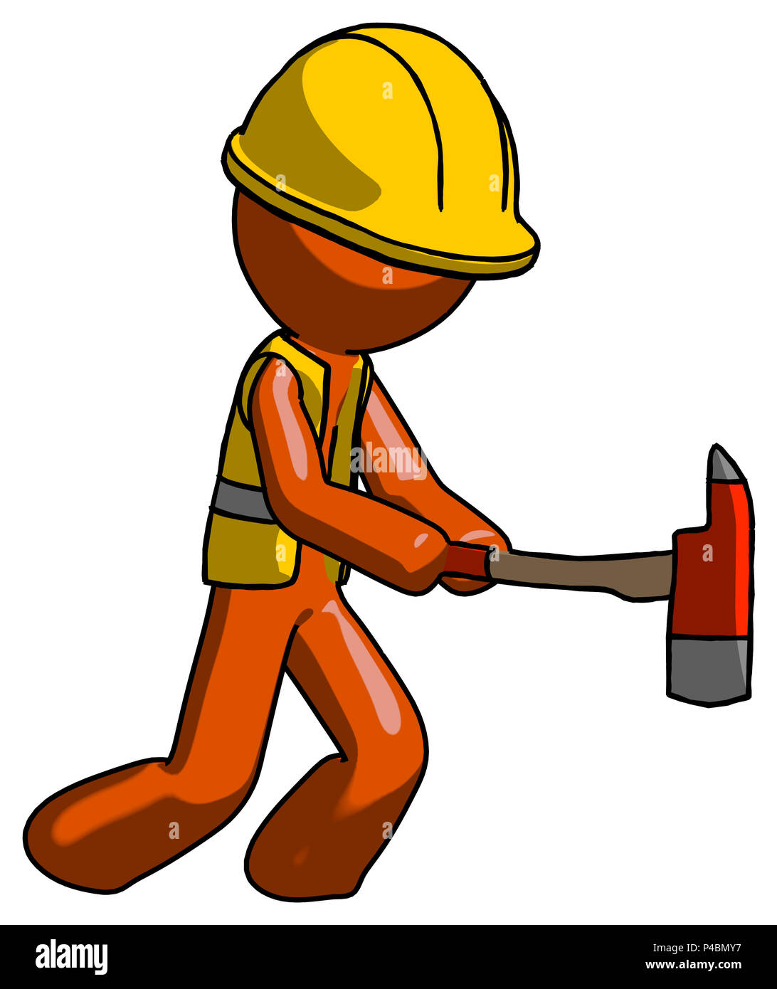 Orange construction worker contractor man with ax hitting, striking, or ...