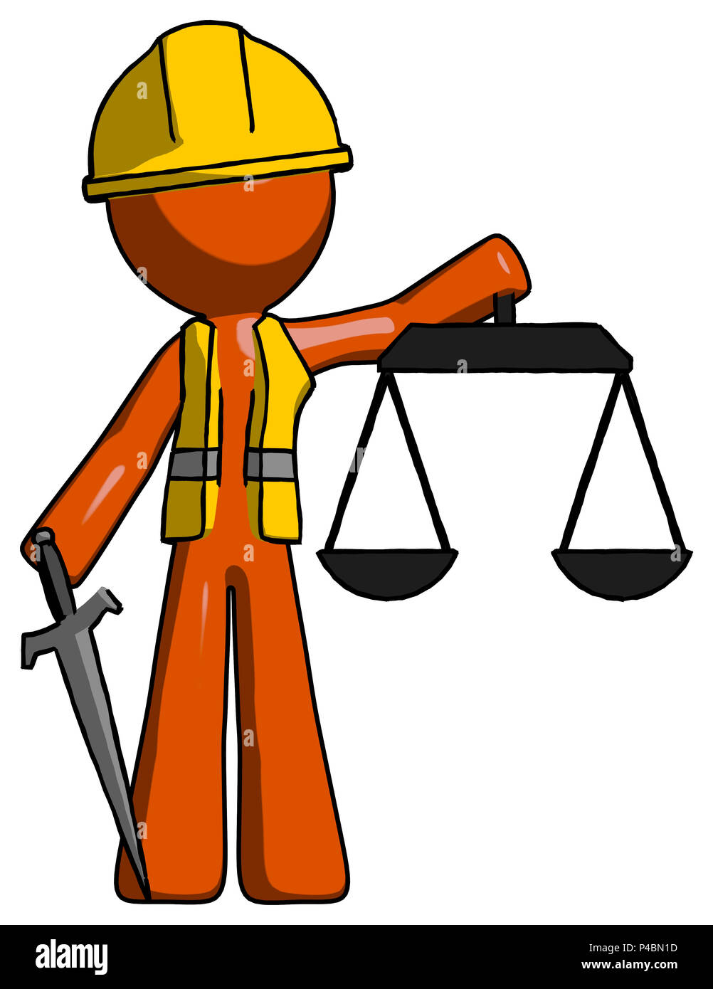 Orange construction worker contractor man justice concept with scales ...