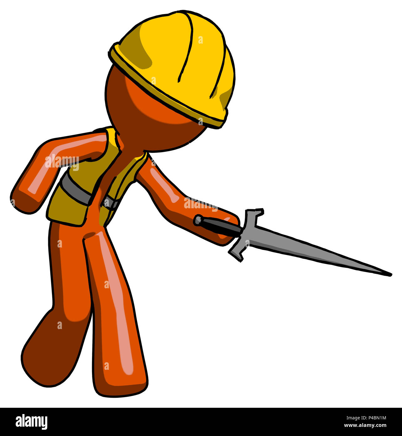 Orange construction worker contractor man sword pose stabbing or ...