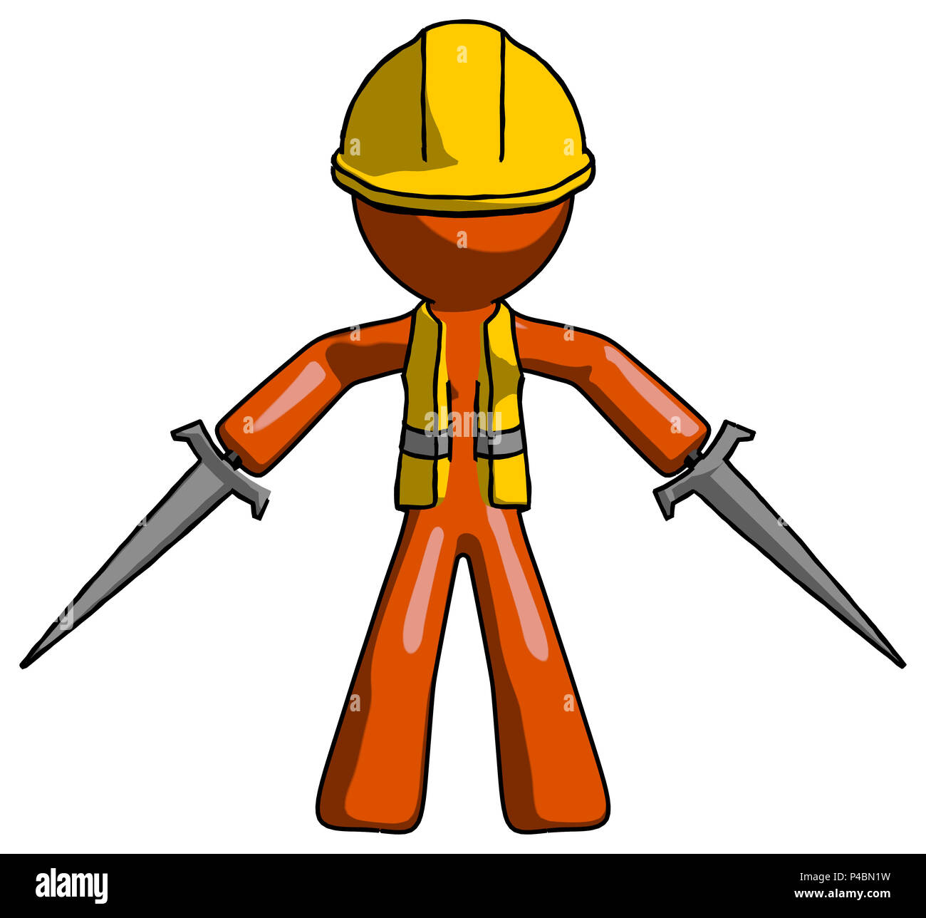 Orange construction worker contractor man two sword defense pose Stock ...
