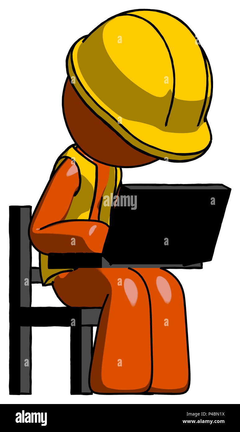 Orange construction worker contractor man using laptop computer while ...