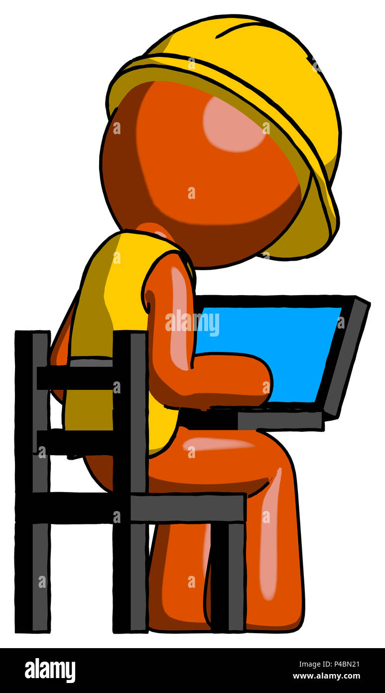 Orange construction worker contractor man using laptop computer while ...