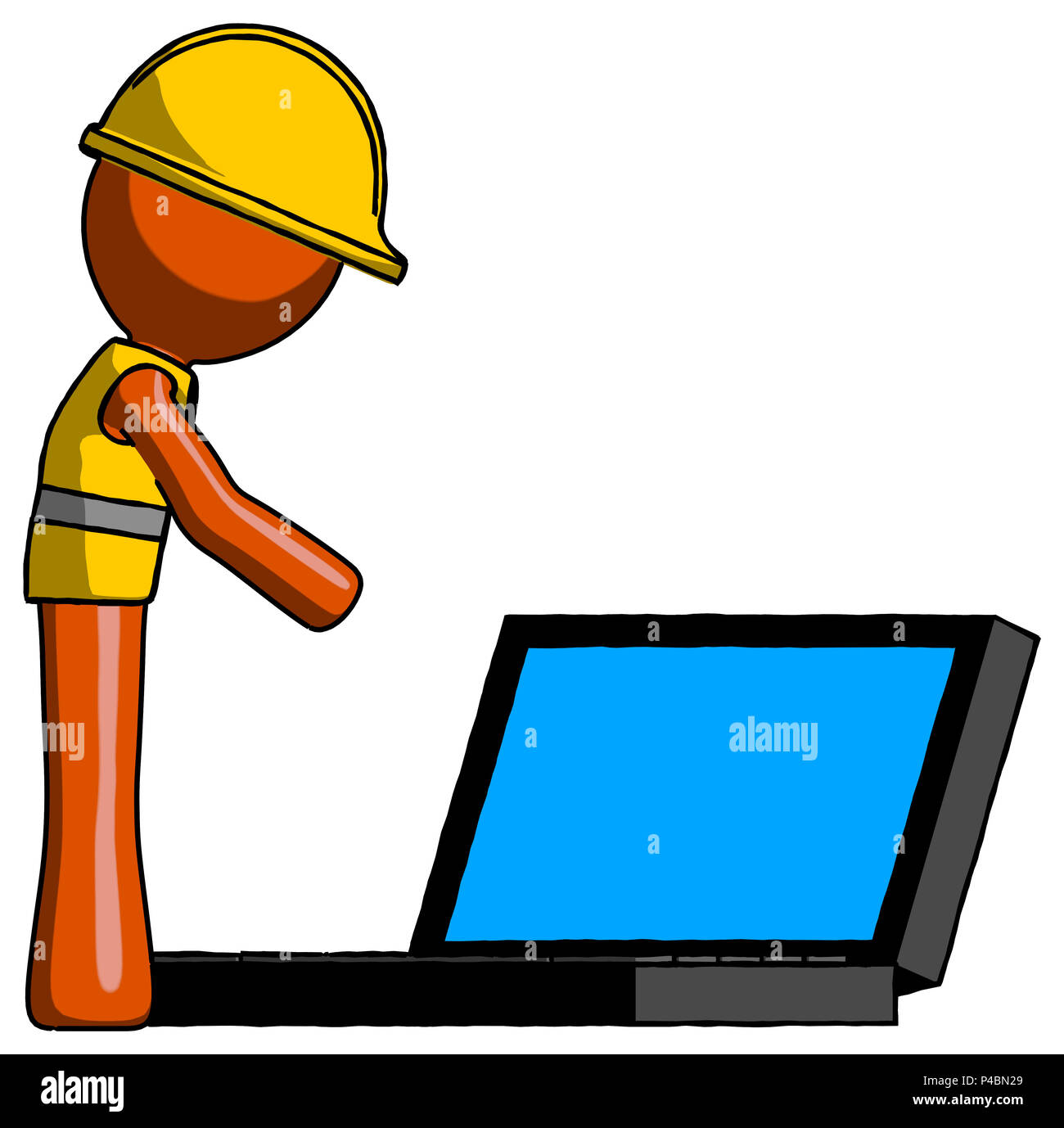 Orange construction worker contractor man using large laptop computer ...