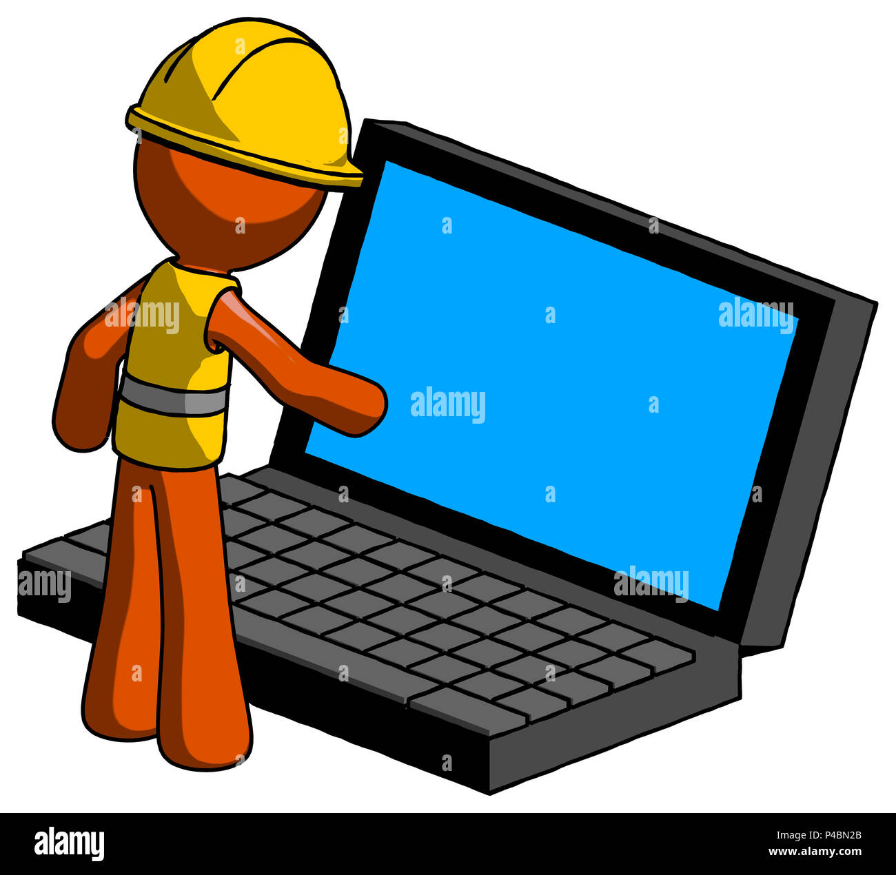 Orange construction worker contractor man using large laptop computer ...